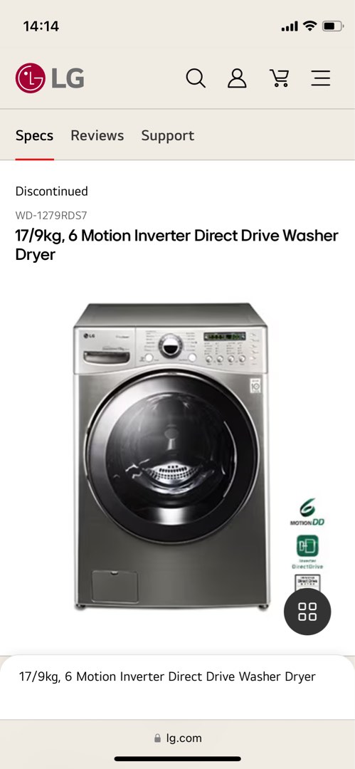 LG 17/9kg direct drive washer dryer WD-1279RDS7, TV & Home Appliances, Washing Machines and ...