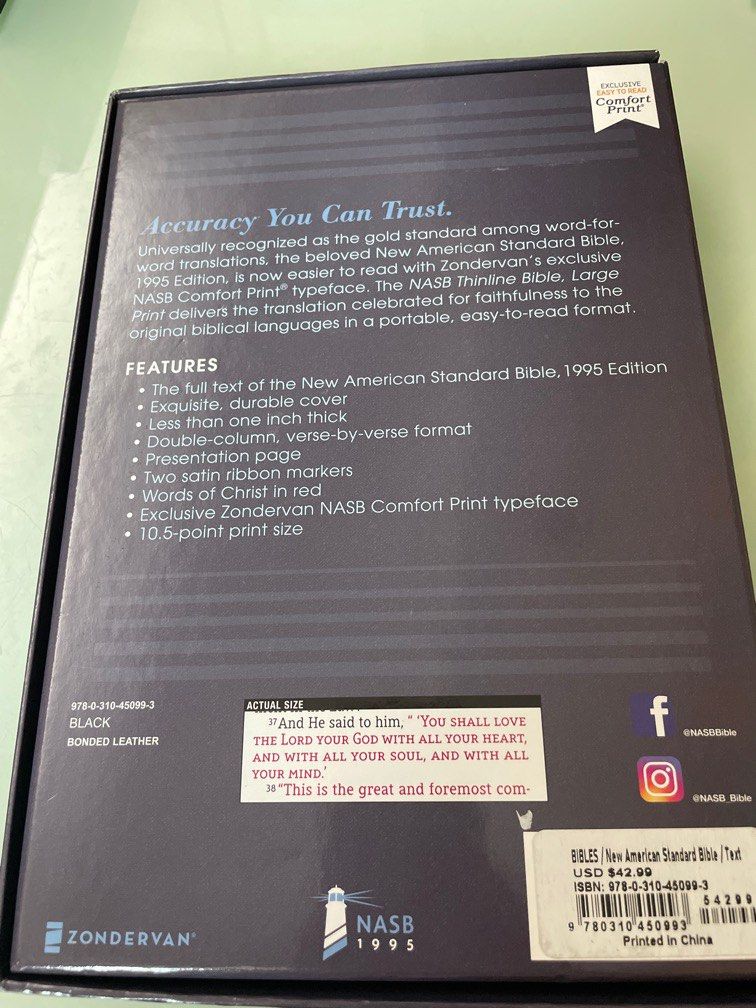 NASB 1995 Text Large Print Thinline Bible, Black Bonded Leather ...