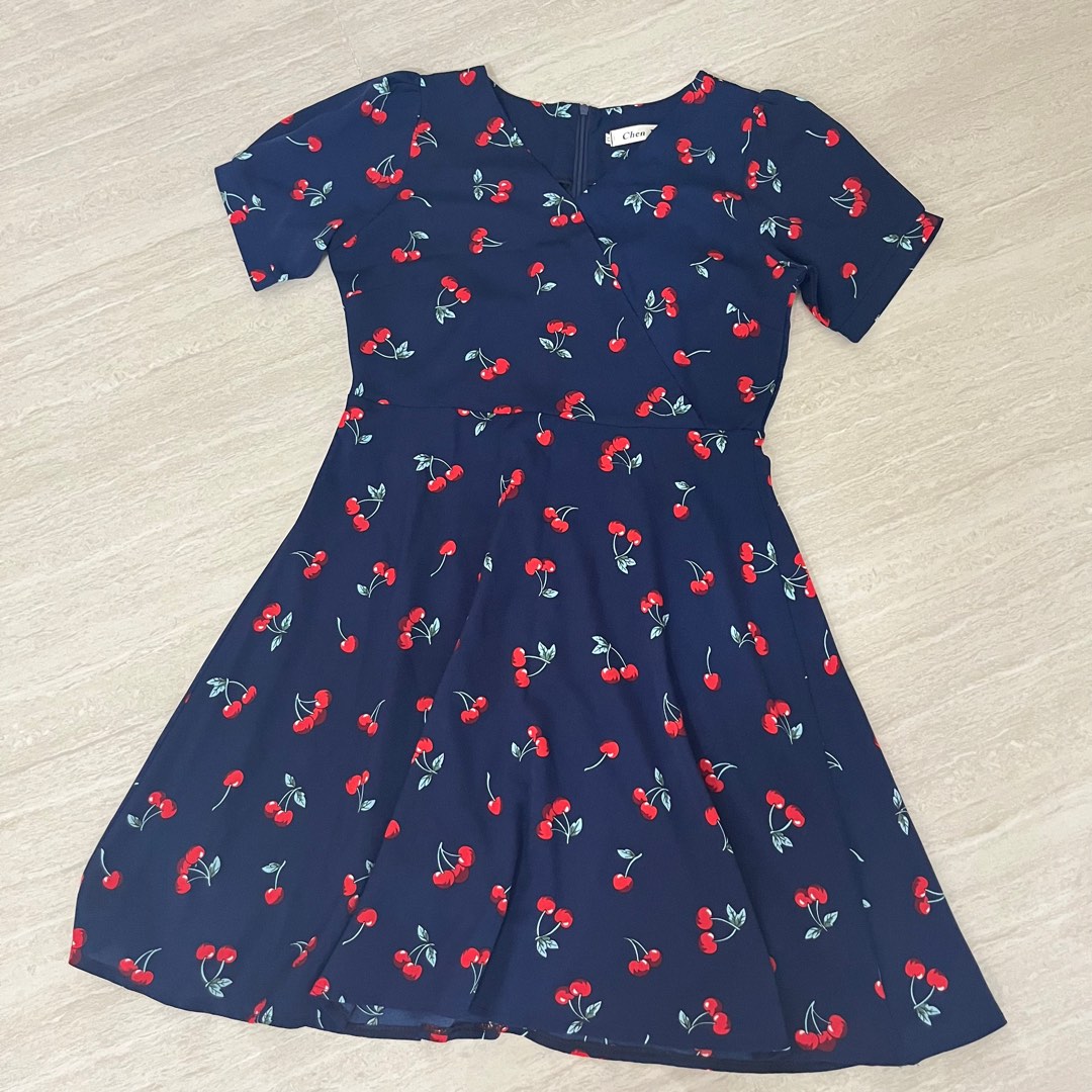 Navy Blue Cherry Dress, Women's Fashion, Dresses & Sets, Dresses on ...