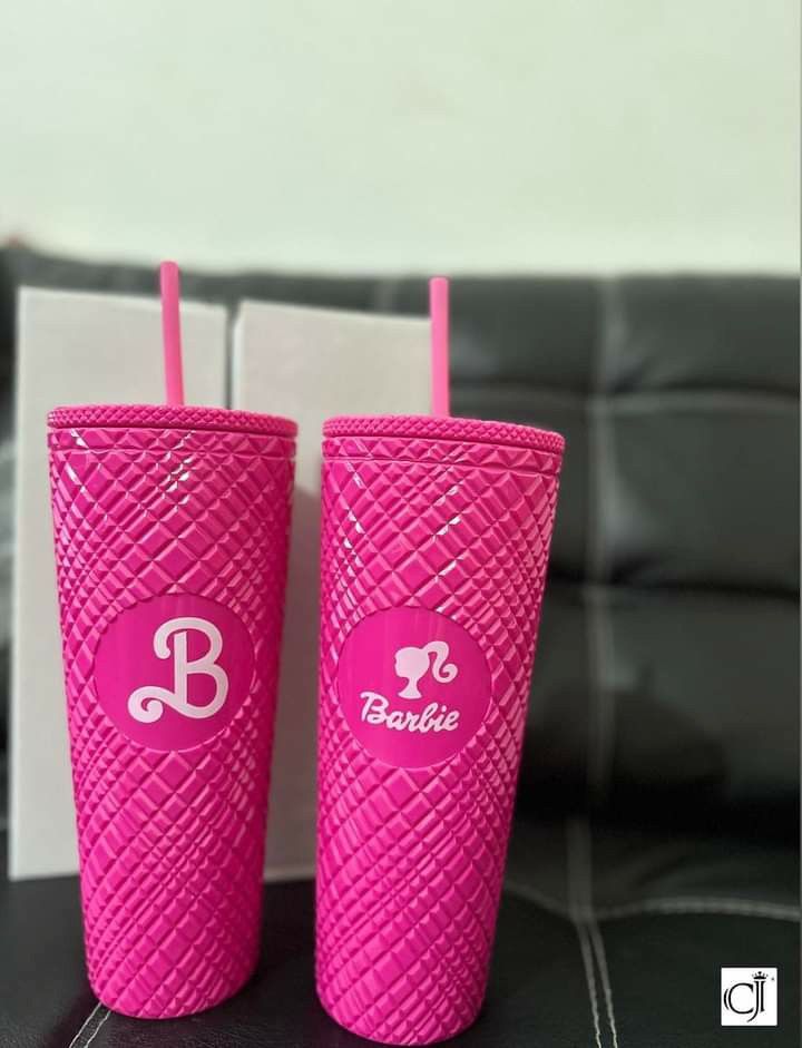 Pink barbie studed tumbler cup w/ straw, Furniture & Home Living ...