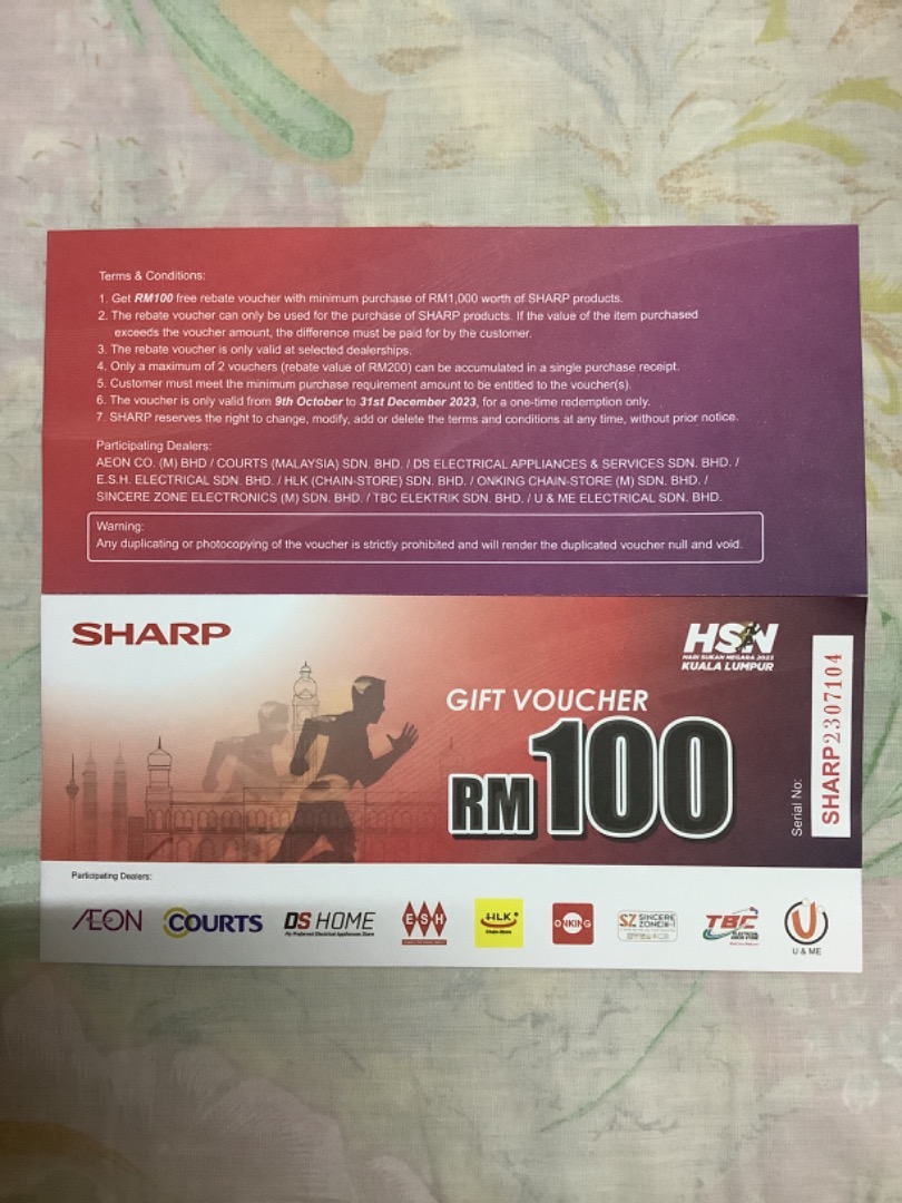 Sharp RM100 Voucher, Tickets & Vouchers, Vouchers on Carousell