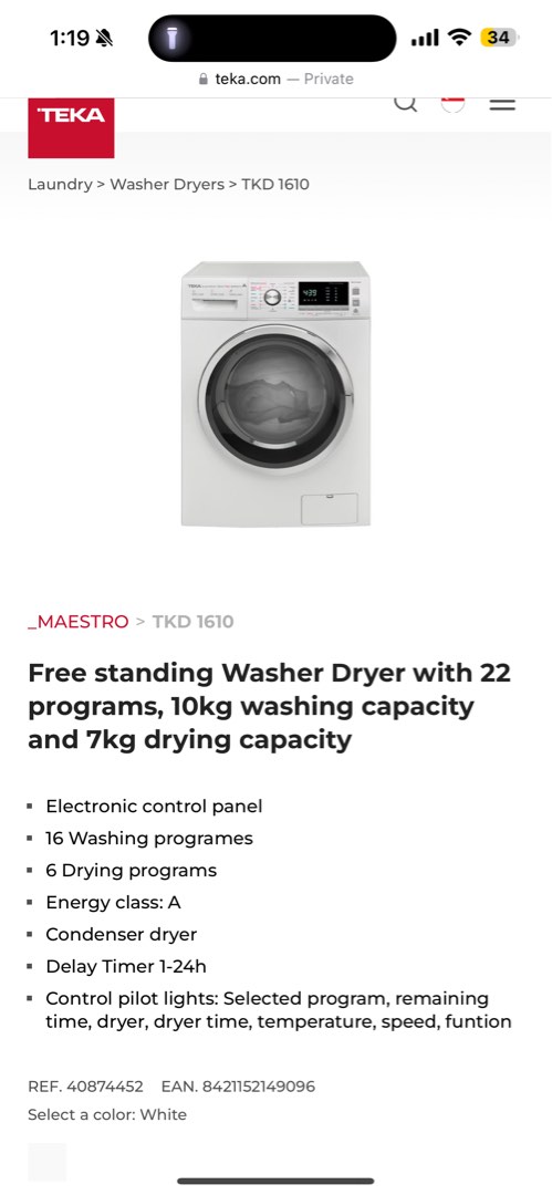 Teka TKD 1610 washing machine (White), TV & Home Appliances, Washing Machines and Dryers on ...