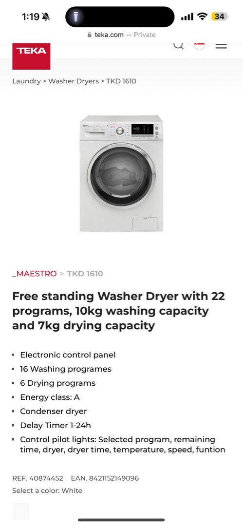 Teka TKD 1610 washing machine (White), TV & Home Appliances, Washing Machines and Dryers on ...