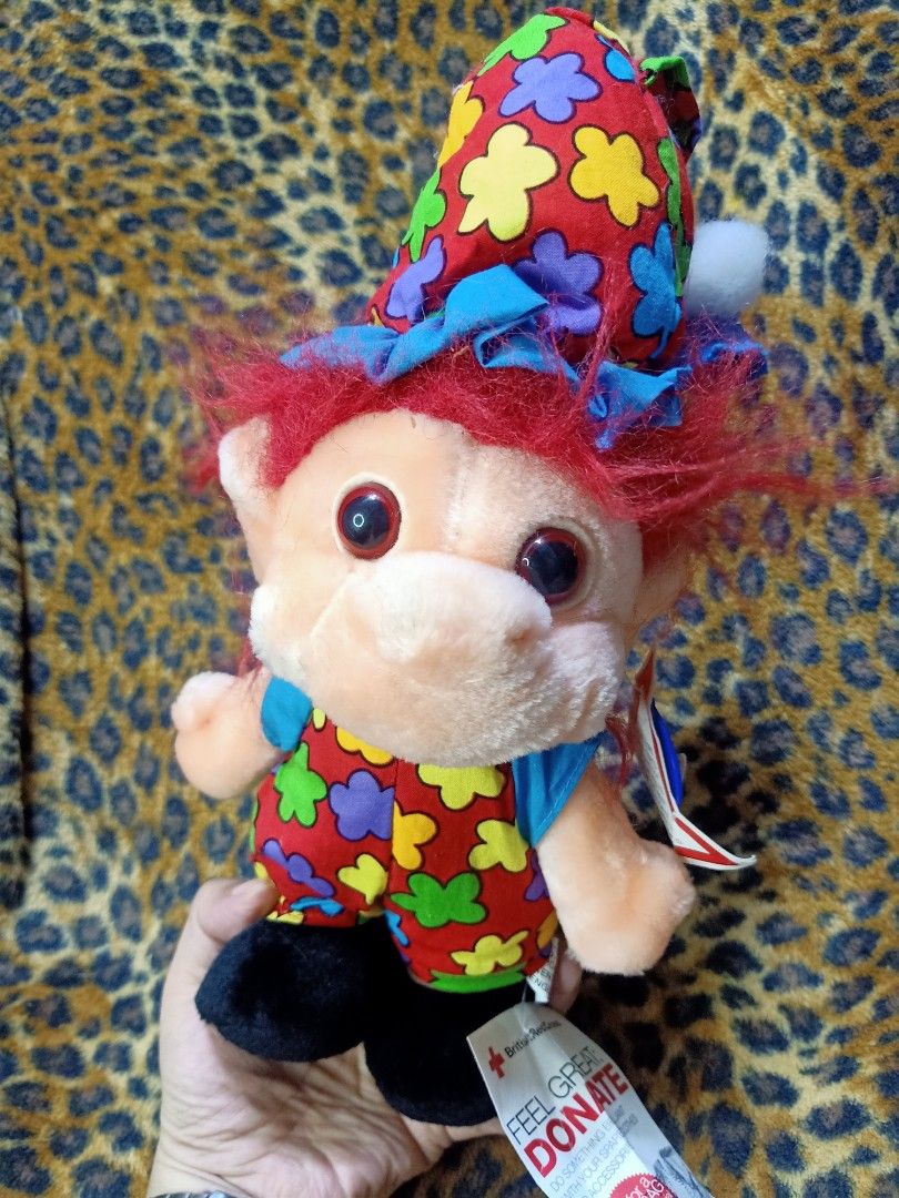 VINTAGE 1992 TROLIO TROLLS JESTER CLOWN FLOWER PLUSH TOY WITH PAPERTAG ...