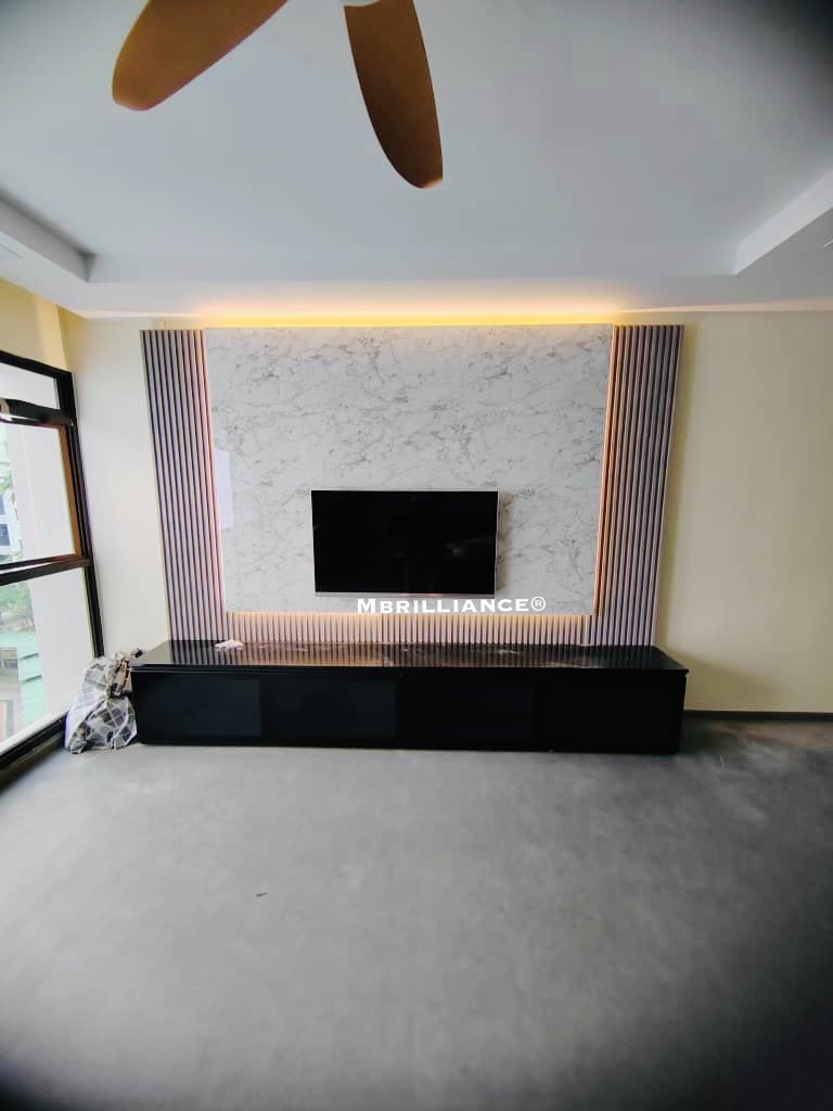 Fluted panels tv console feature wall, Furniture & Home Living ...