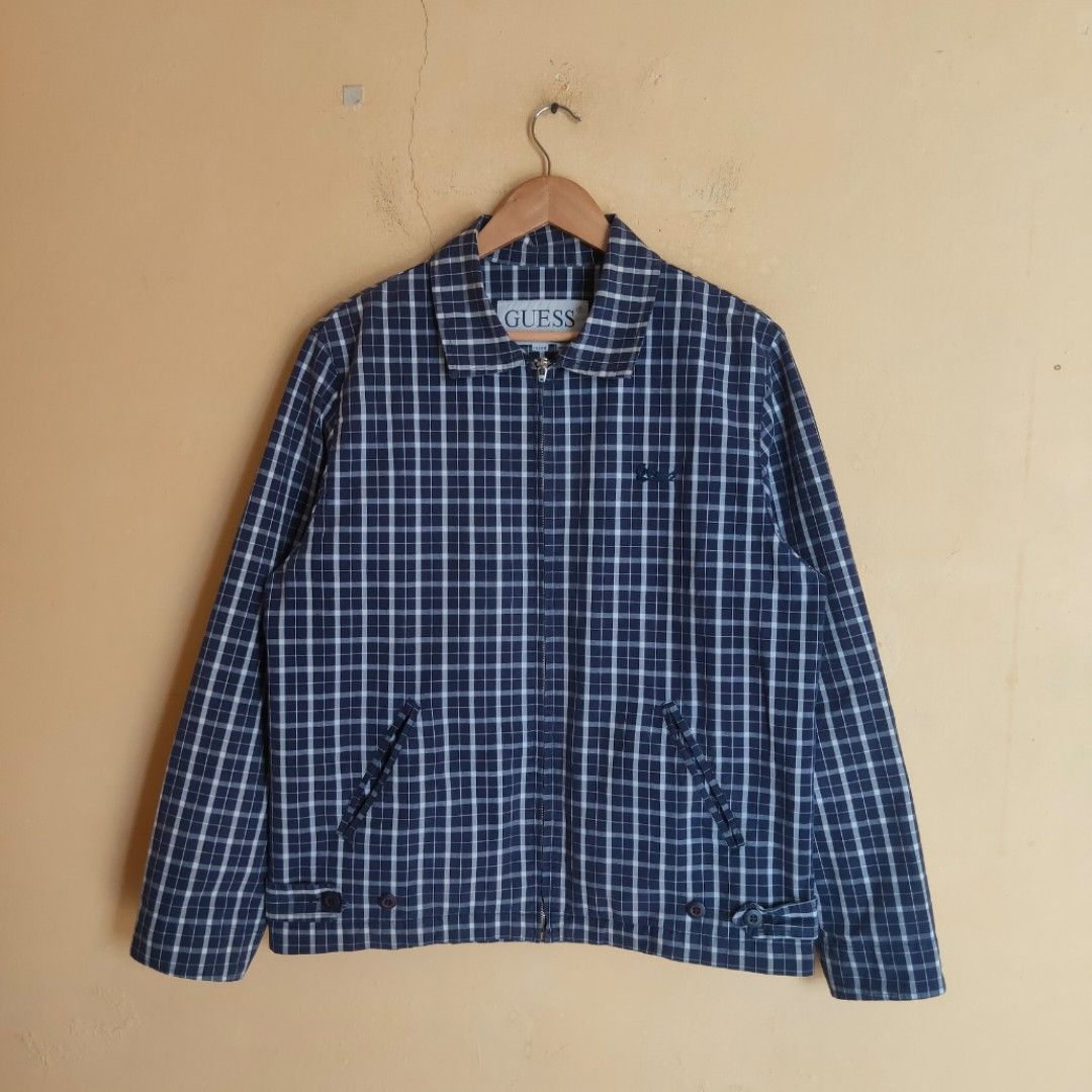 Guess Work Jacket Plaid Blue, Fesyen Pria, Pakaian , Atasan di Carousell
