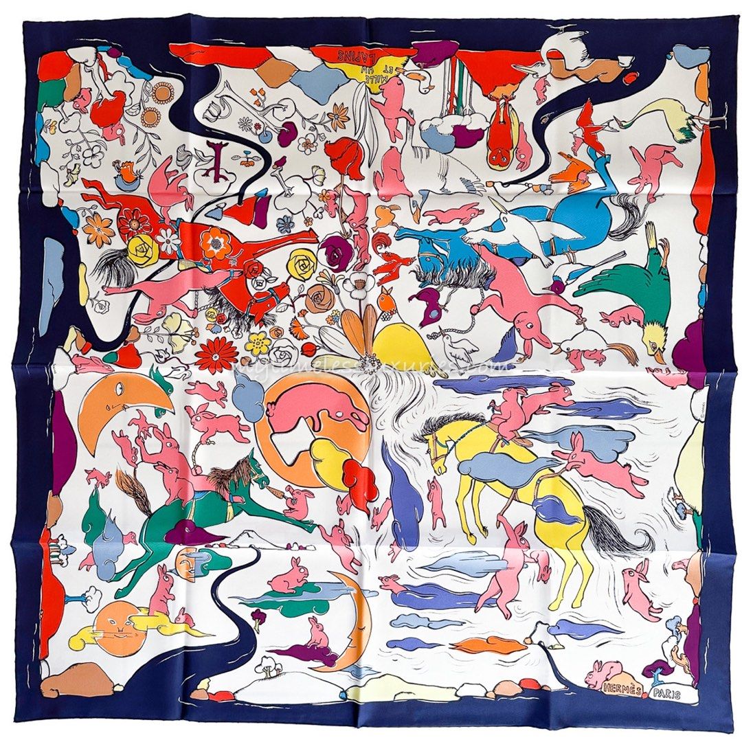 hermes mille et un lapins scarf 90x90cm, 名牌, 飾物及配件 - Carousell