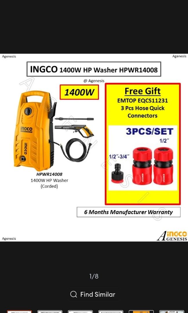 INGCO 1400W High Pressure HP Washer HPWR14008, Furniture & Home Living, Cleaning & Homecare ...
