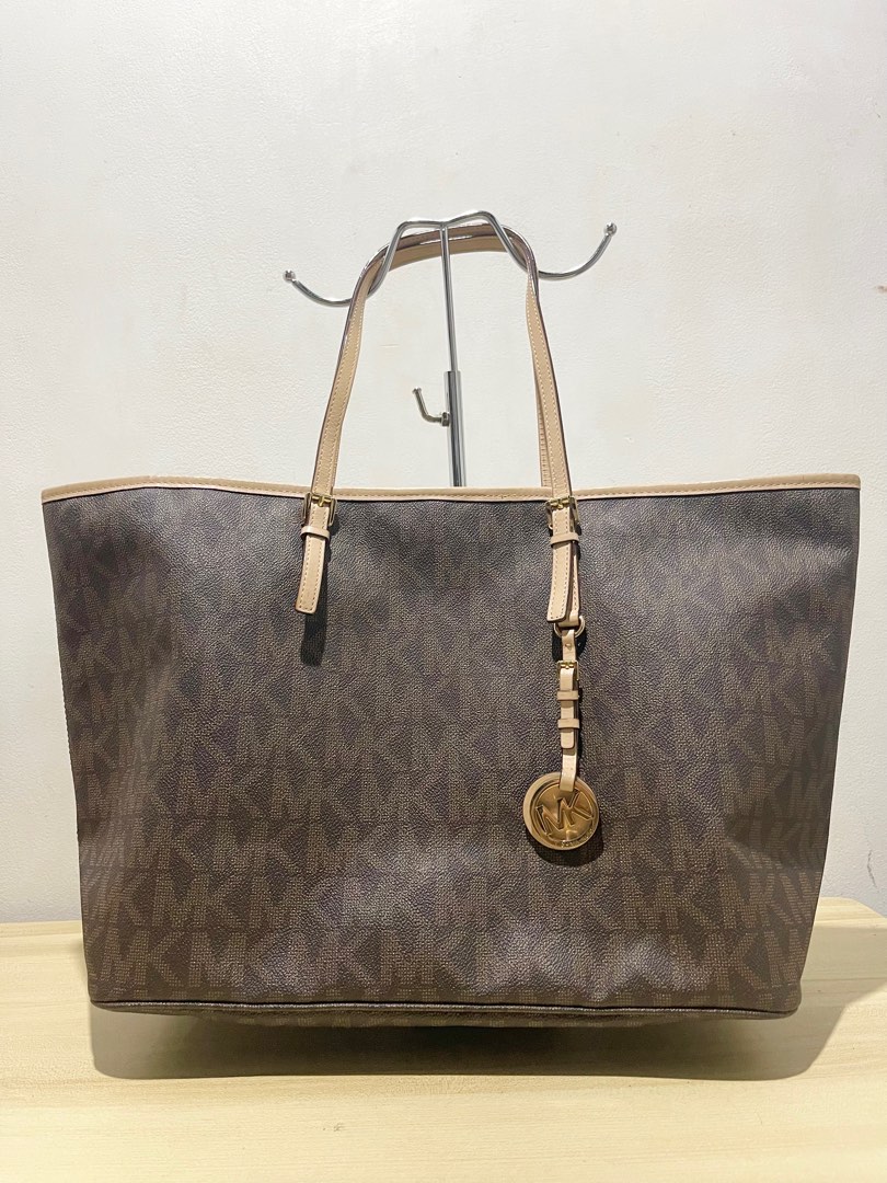 MK Tote Bag Never Full Monogram Signature Coated Canvas, Luxury, Bags ...