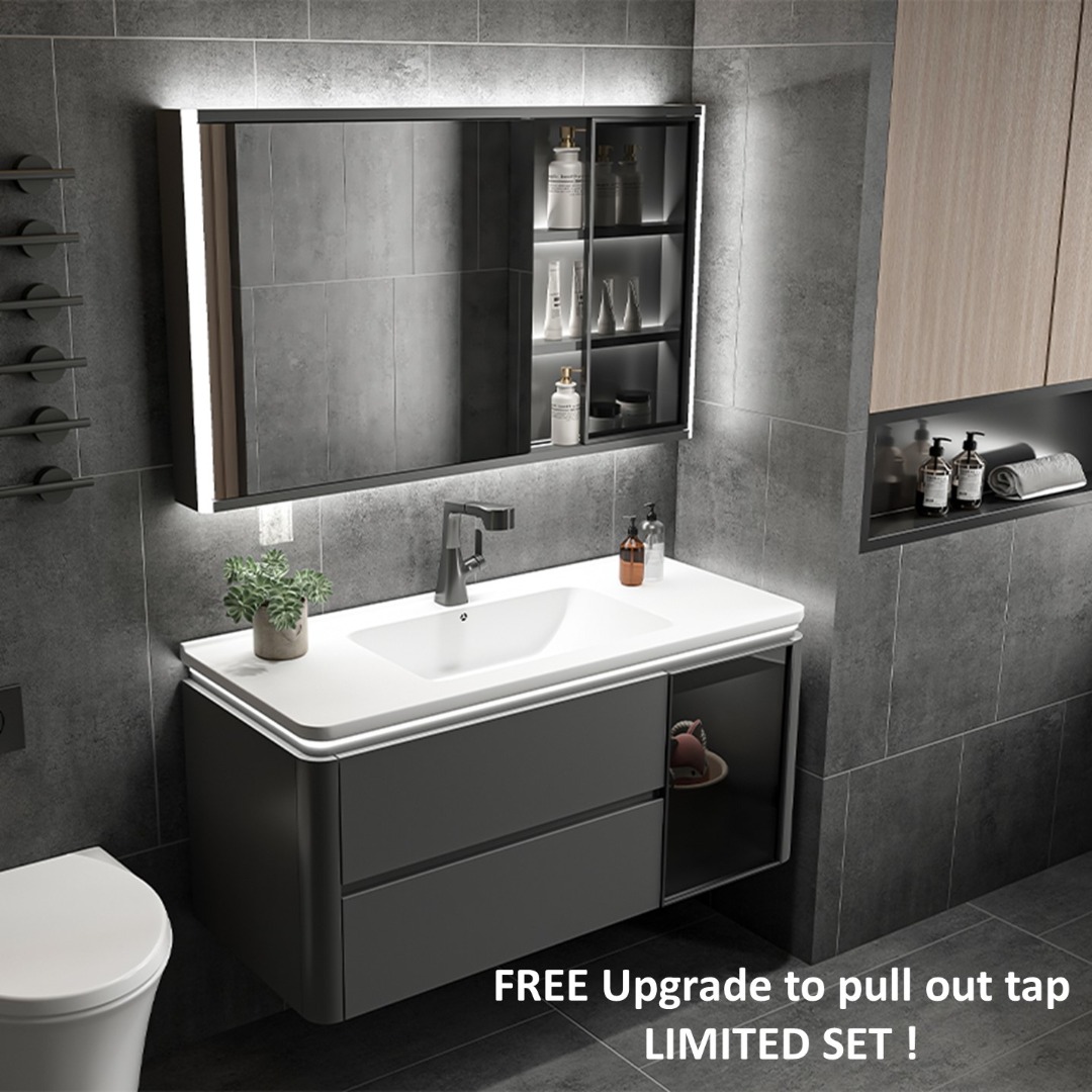 Modern Design Gunmetal Vanity with Sensor Light ! Curve Edge Vanity Set ...
