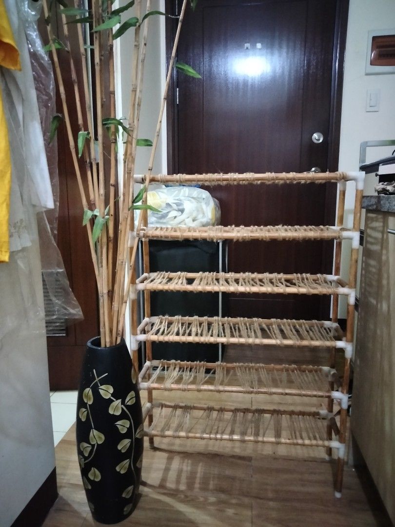Native rattan and abaca shelf, vase and artificial bamboo stems 10pcs ...