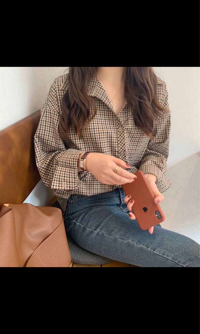 Plaid Retro Viral Shopee Blouse, Women's Fashion, Tops, Blouses on ...