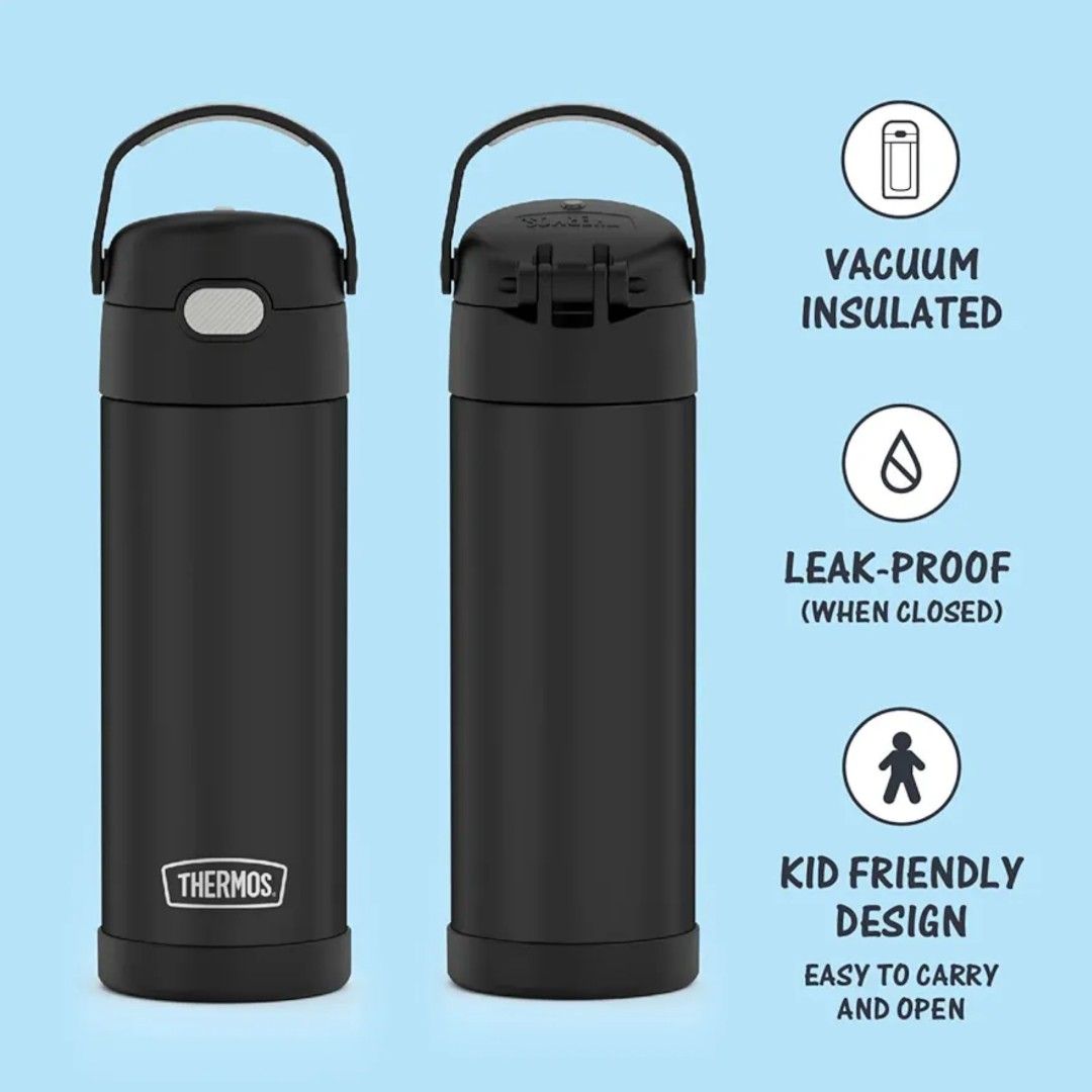 THERMOS FUNTAINER 16 Oz Stainless Steel Vacuum Insulated Water Bottle with Wide Spout Lid Black ...