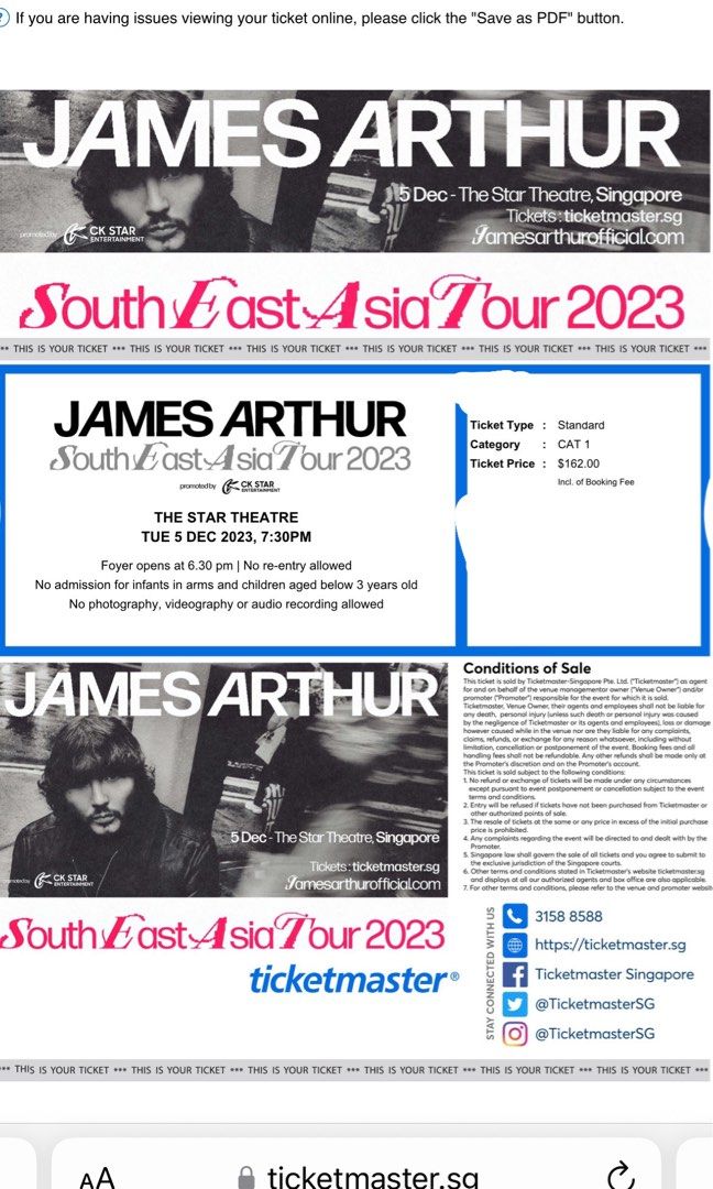 URGENT!! James Arthur Tour Ticket, Tickets & Vouchers, Event Tickets on Carousell