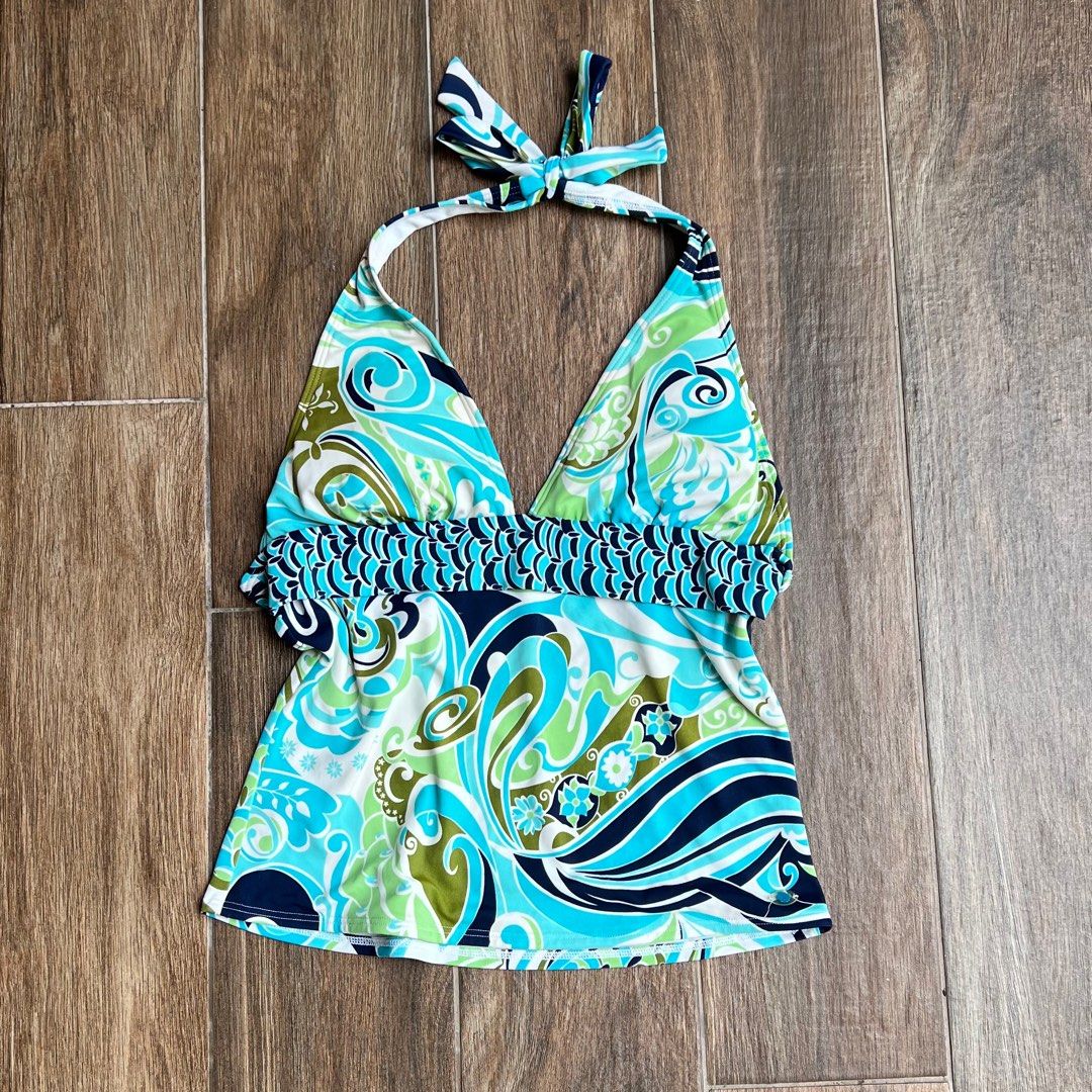 Vintage Early 2000s Groovy Patterned Teal Green and Sky Blue Halter ...