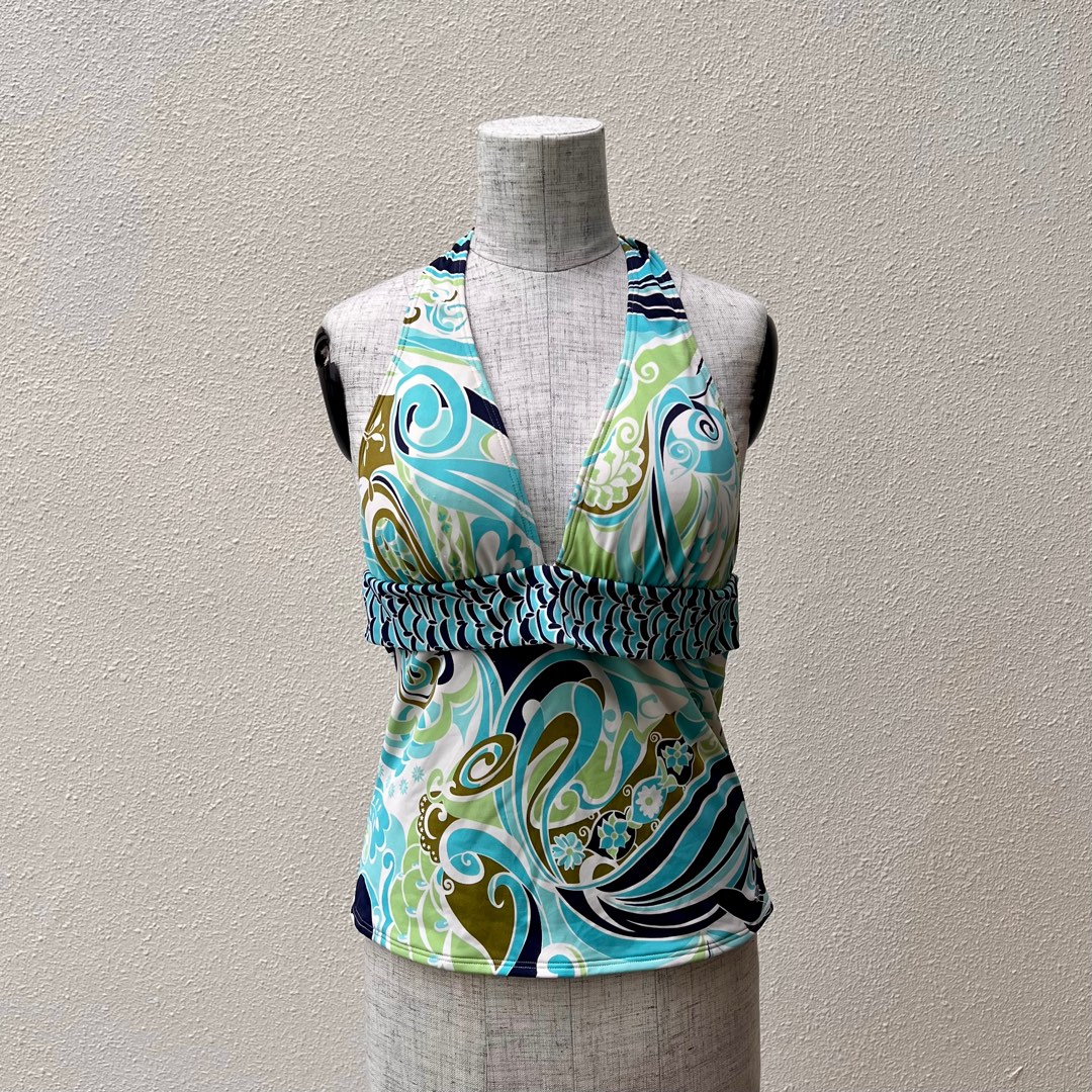 Vintage Early 2000s Groovy Patterned Teal Green and Sky Blue Halter ...