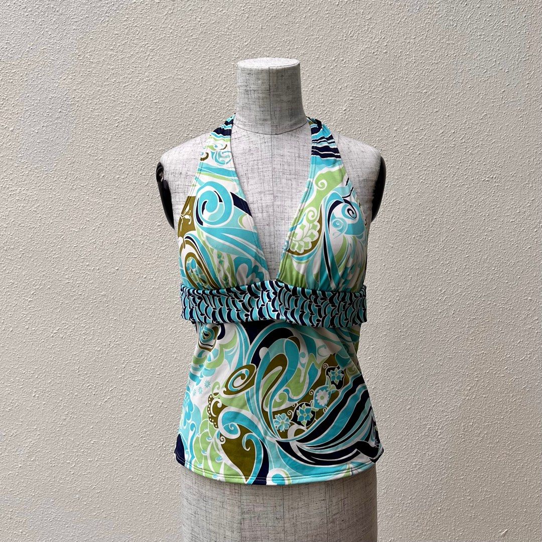 Vintage Early 2000s Groovy Patterned Teal Green and Sky Blue Halter ...