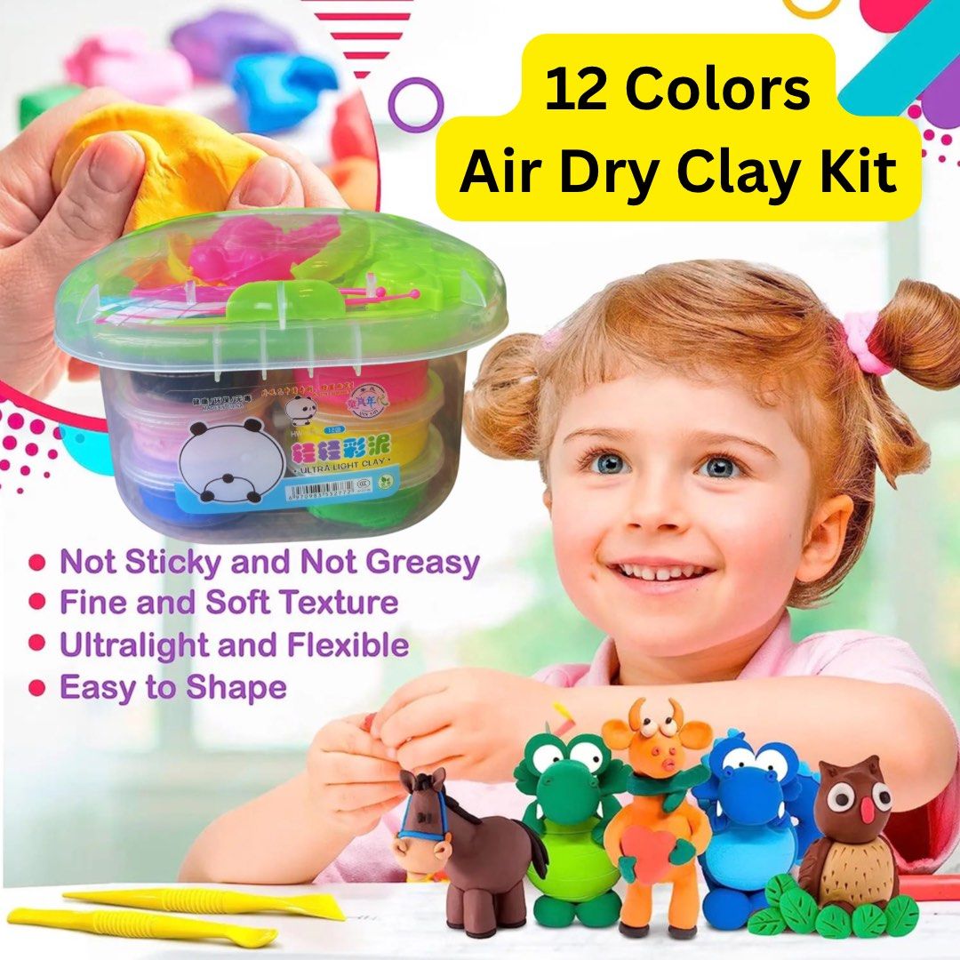 12 Clay Air Dry Clay Kit with Tools & Case Set Kids Educational Travel ...
