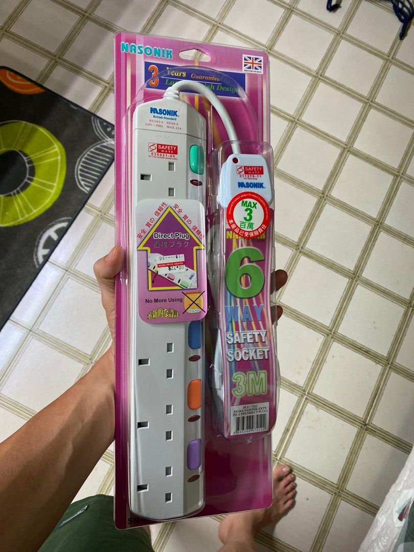 6 Way Socket, 3 meters wire, Furniture & Home Living, Lighting & Fans ...