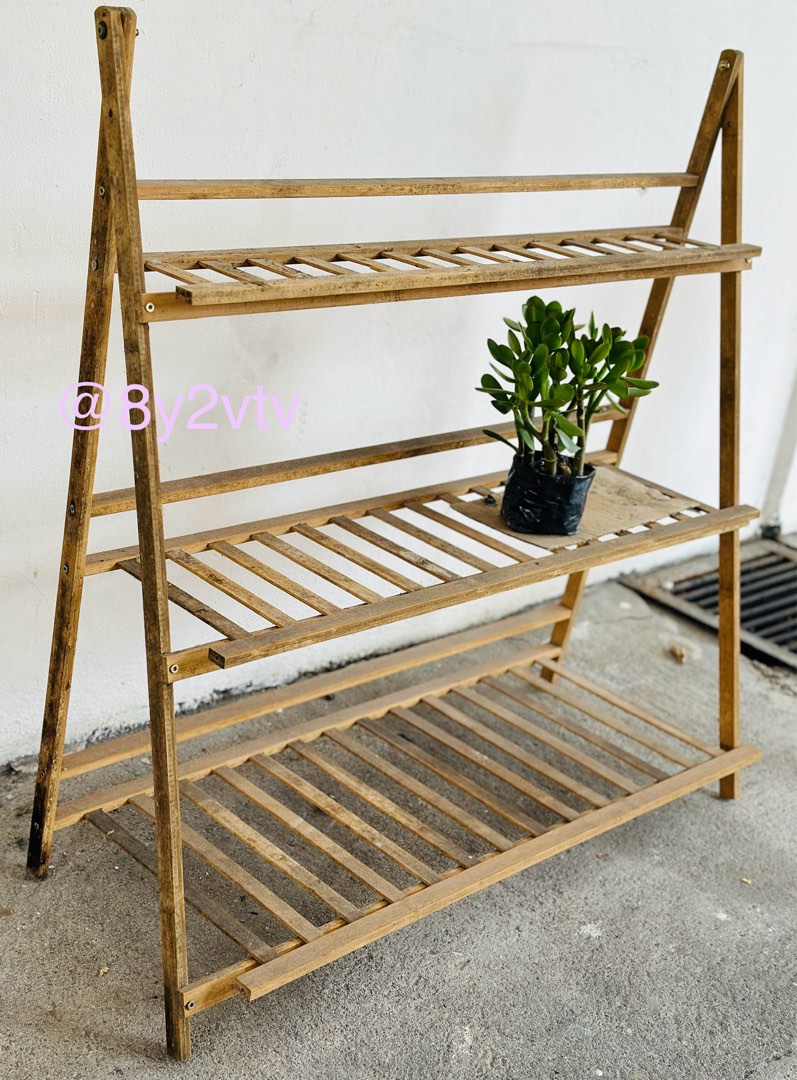 Bamboo PLANT RACK 3/4 Layers Portable Fit Indoor Plant Shelves Outdoor ...