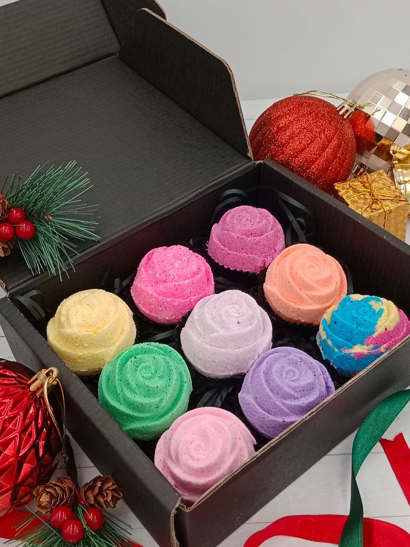 Bath Bomb Fizzers Handmade Dewy Roses 1 Box of 9 with Assorted Colors Made In Singapore, Beauty ...