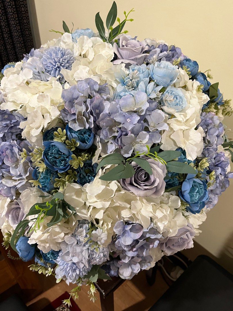 Big and blue ~ beautiful flower arrangement with golden color pot ...