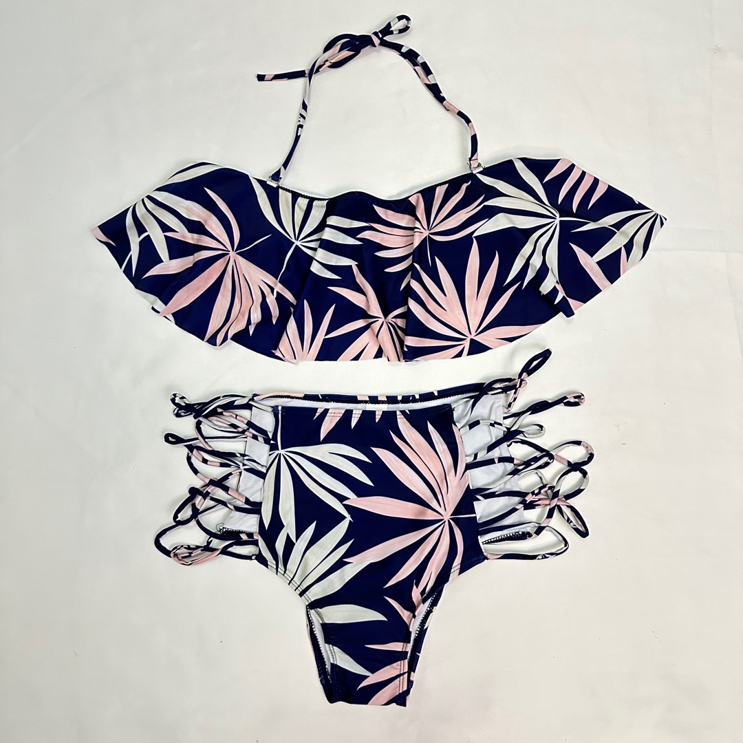 Halter Flowy Tube Top Two Piece Swimwear Bikini Criss Cross Bottom in ...