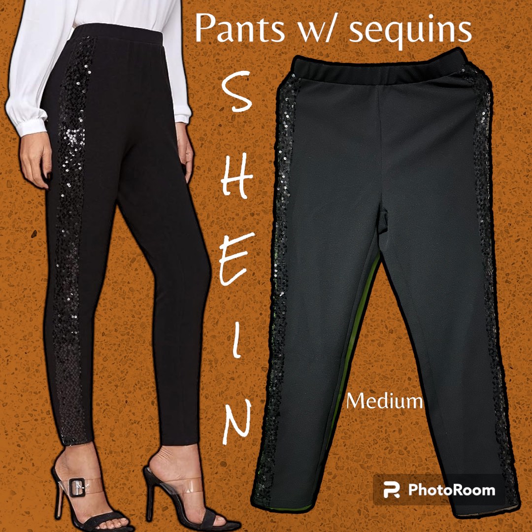 Shein Black Glittery/Shiny Pants with Sequins, Women's Fashion, Bottoms ...