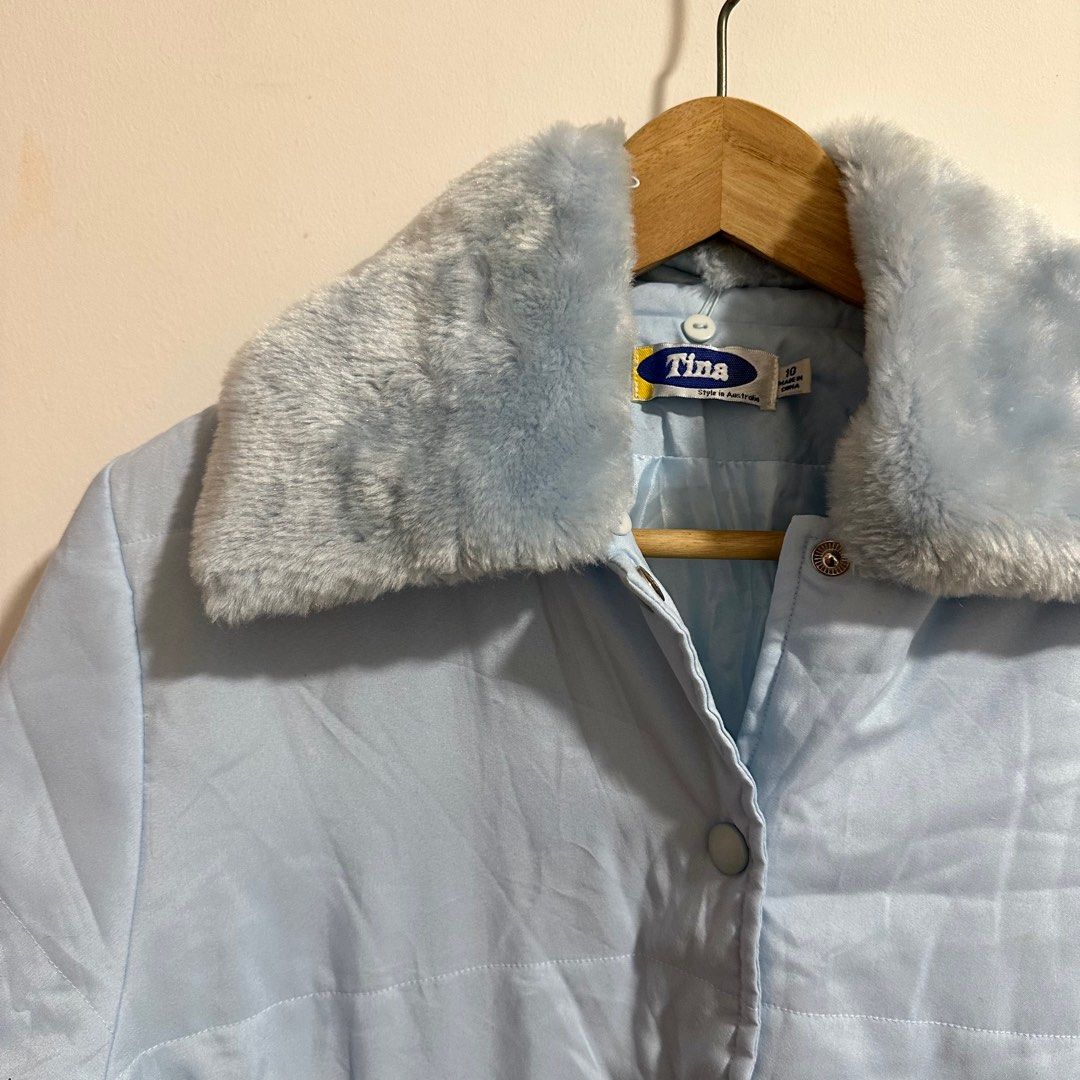 soft light blue fur collared coat, Women's Fashion, Coats, Jackets and ...