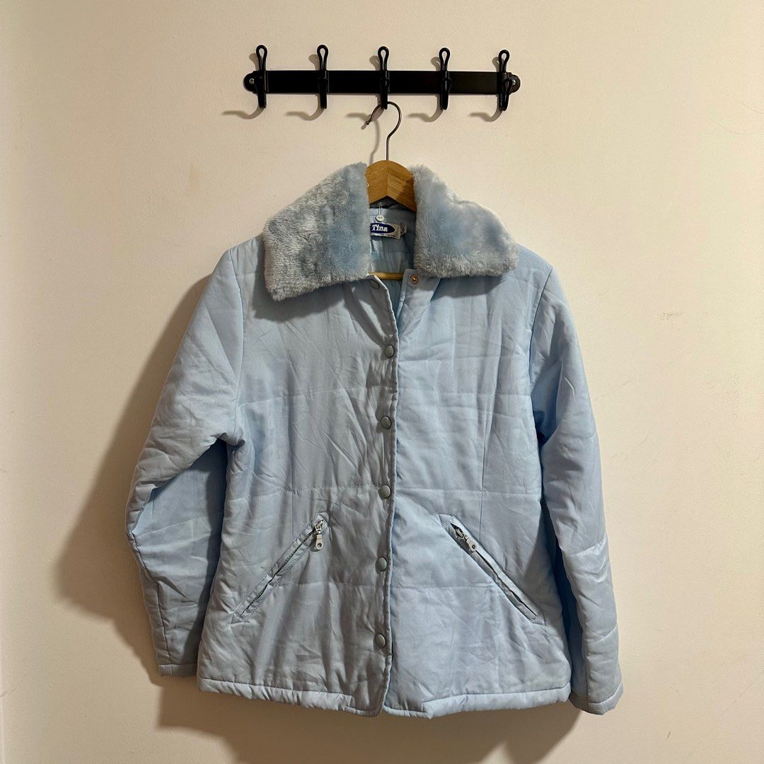 soft light blue fur collared coat, Women's Fashion, Coats, Jackets and ...