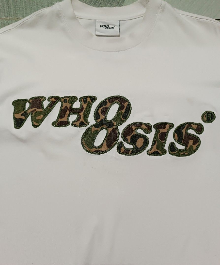 WHOOSIS White Camou Big Embro Script, Men's Fashion, Tops & Sets ...