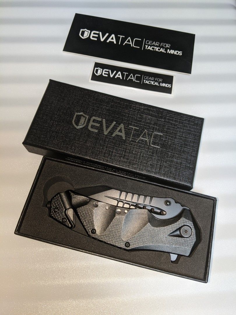 100% new in gift box evatac rescue knife shadow matte black color, seat ...