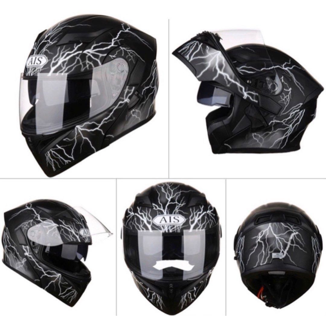 Black Electric Lightning Design Full Face Flip Up Motorcycle Motorbike ...