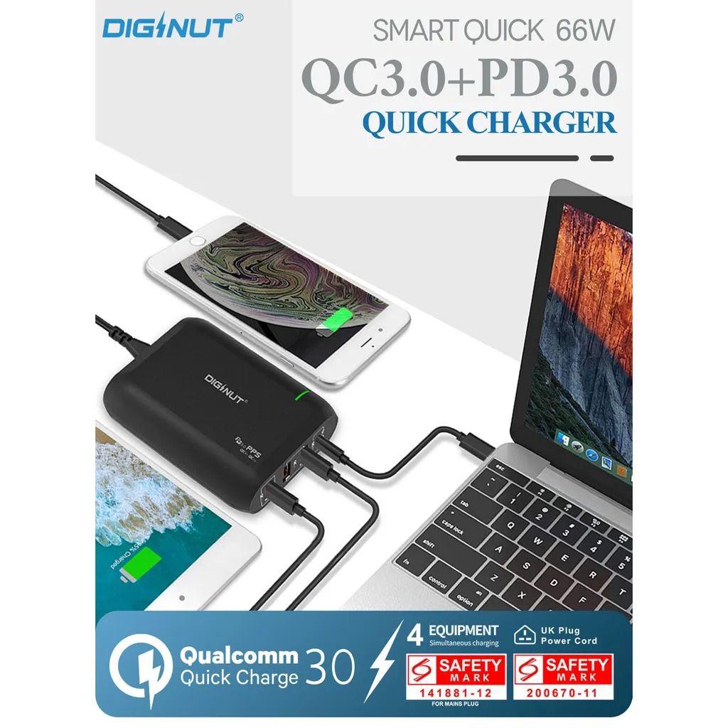 Diginut USB PD AC Adapter 4-Port 66W PD3.0 QC 3.0 (HDD15-4), Mobile Phones & Gadgets, Mobile ...