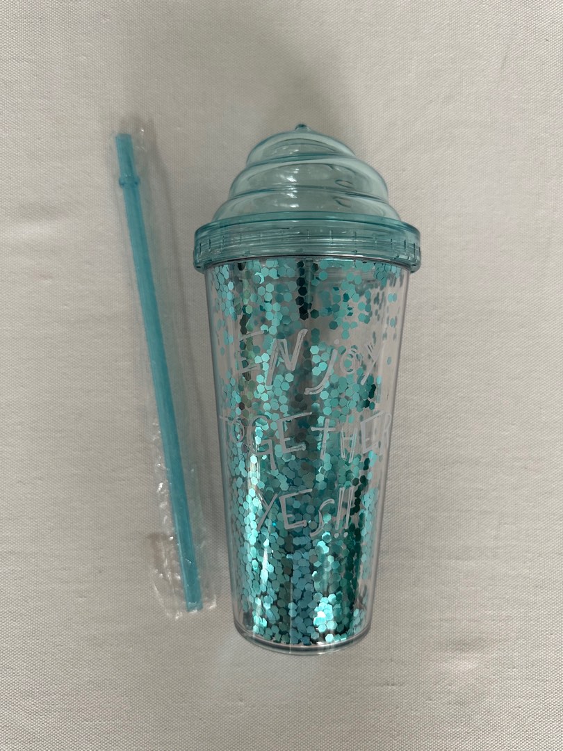 Glittery blue cup with straw, Furniture & Home Living, Kitchenware ...