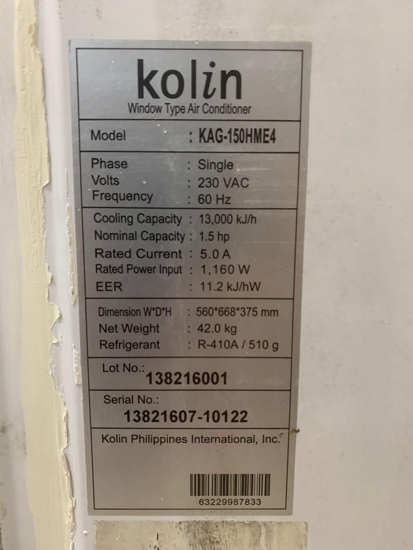 Kolin 1.5hp window type aircon air conditioner good condition, TV ...