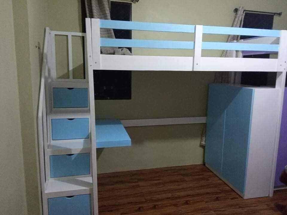 Loft bed with step drawer cabinet and L-ship, Furniture & Home Living ...