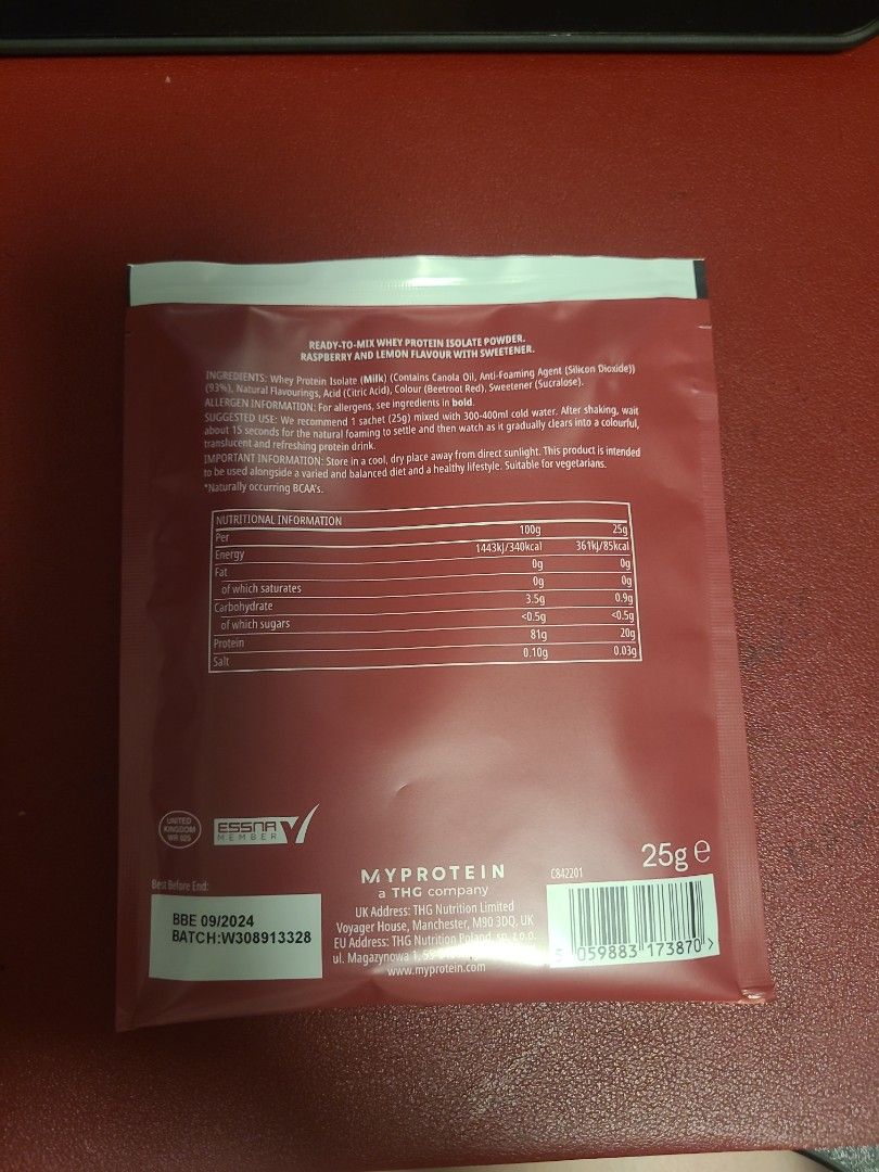 MyProtein Raspberry Lemonade Flavour Sachet (25g), Health & Nutrition ...