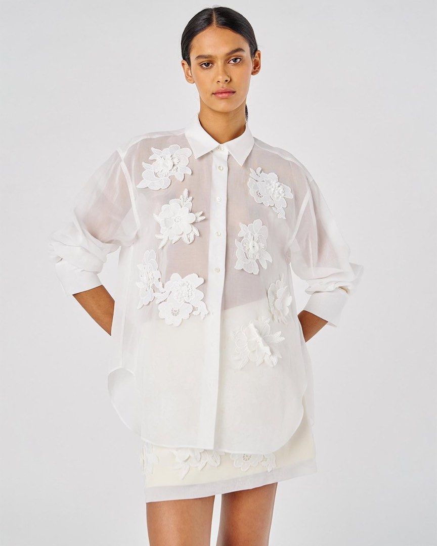 Oroton Lace Flower Sheer Overshirt, Women's Fashion, Tops, Longsleeves ...