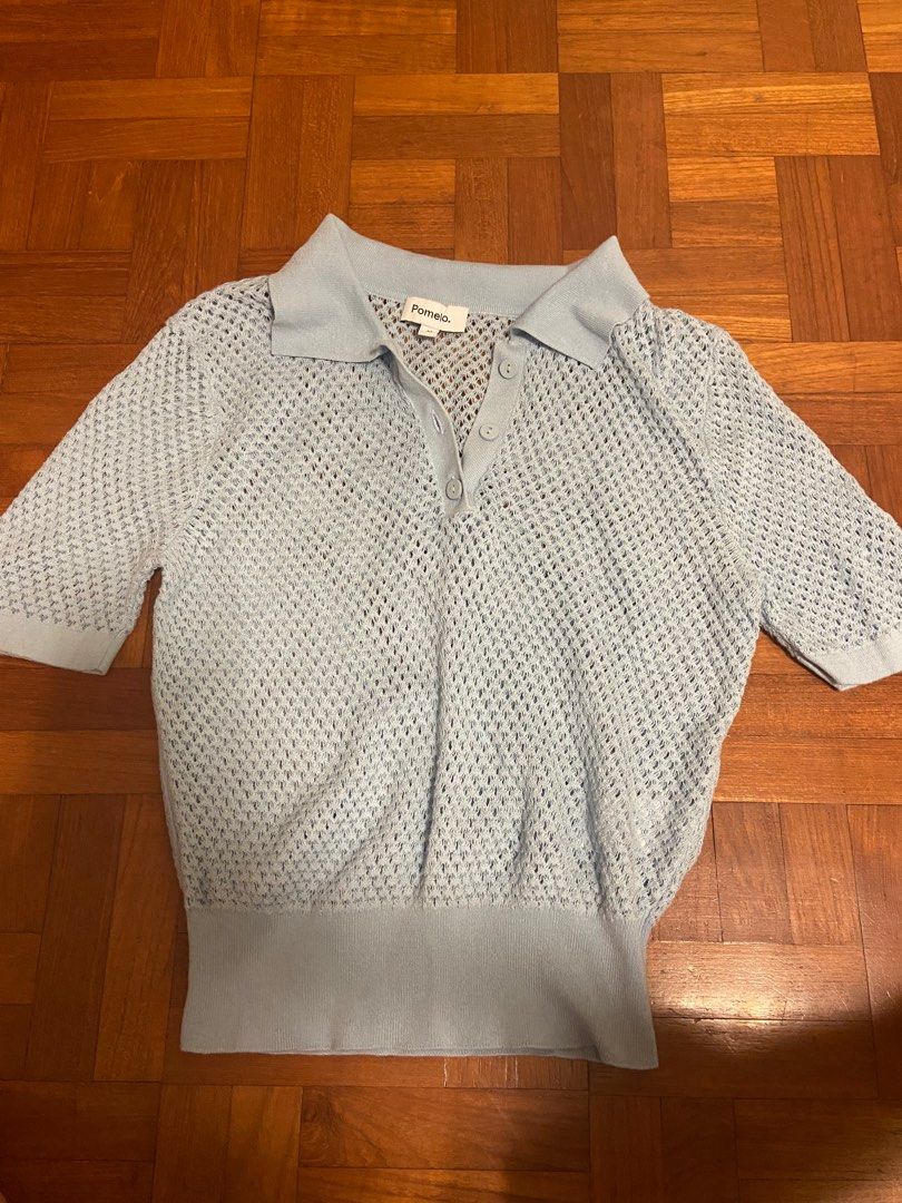 Pomelo baby blue knitted top, Women's Fashion, Tops, Blouses on Carousell