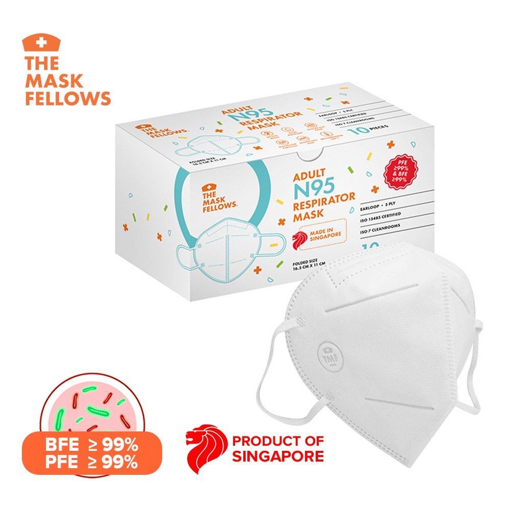 The Mask Fellows Made in Singapore Adult Earloop Respirator (N95) - 10 Individually Wrapped ...