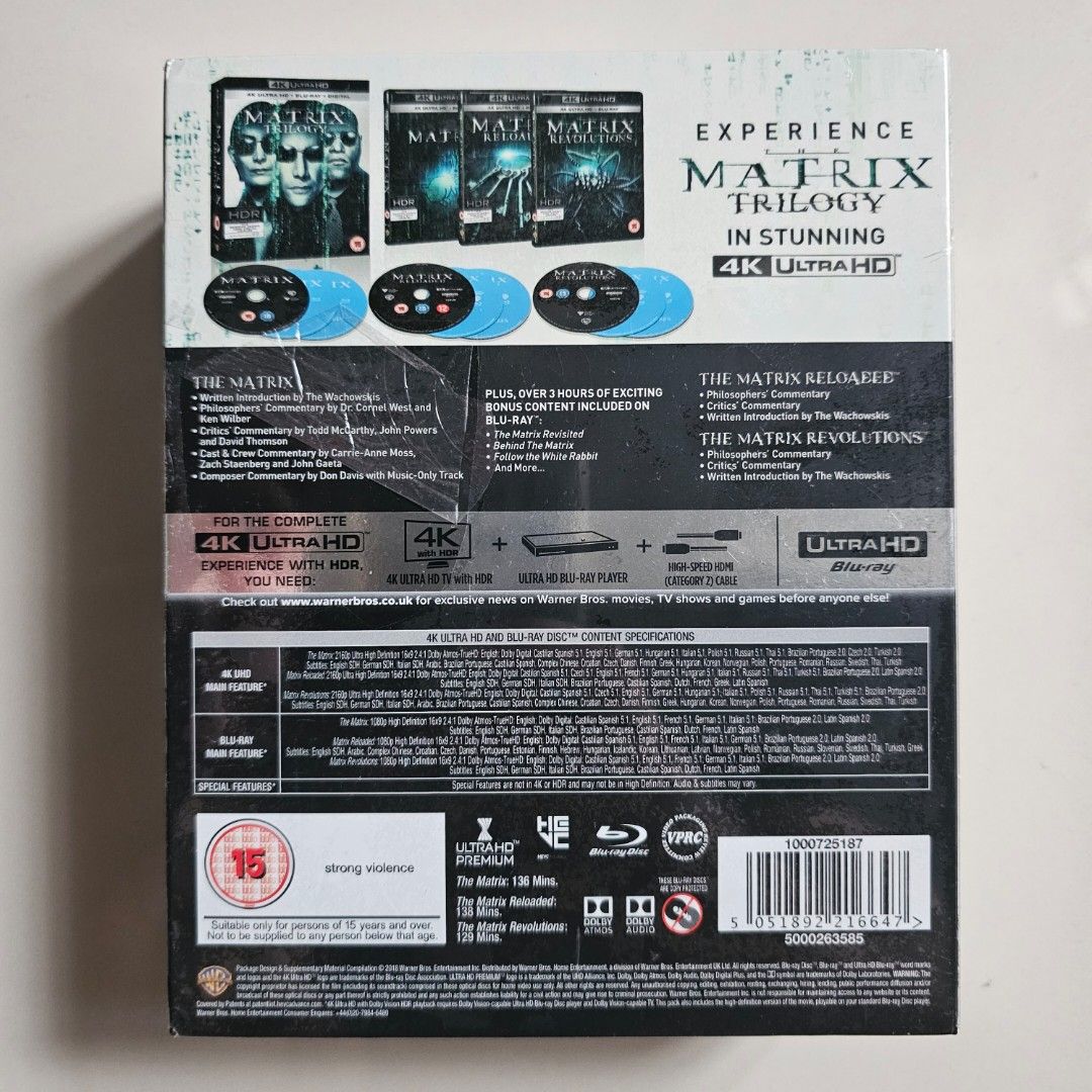 The Matrix Trilogy 4K UHd + Bluray (9 discs), Hobbies & Toys, Music ...