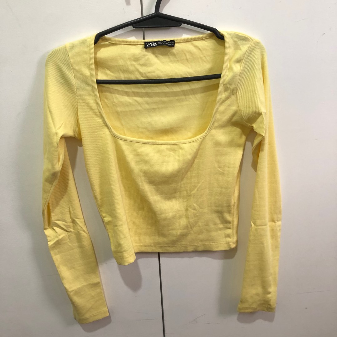 Zara yellow square neck long sleeves top, Women's Fashion, Tops ...