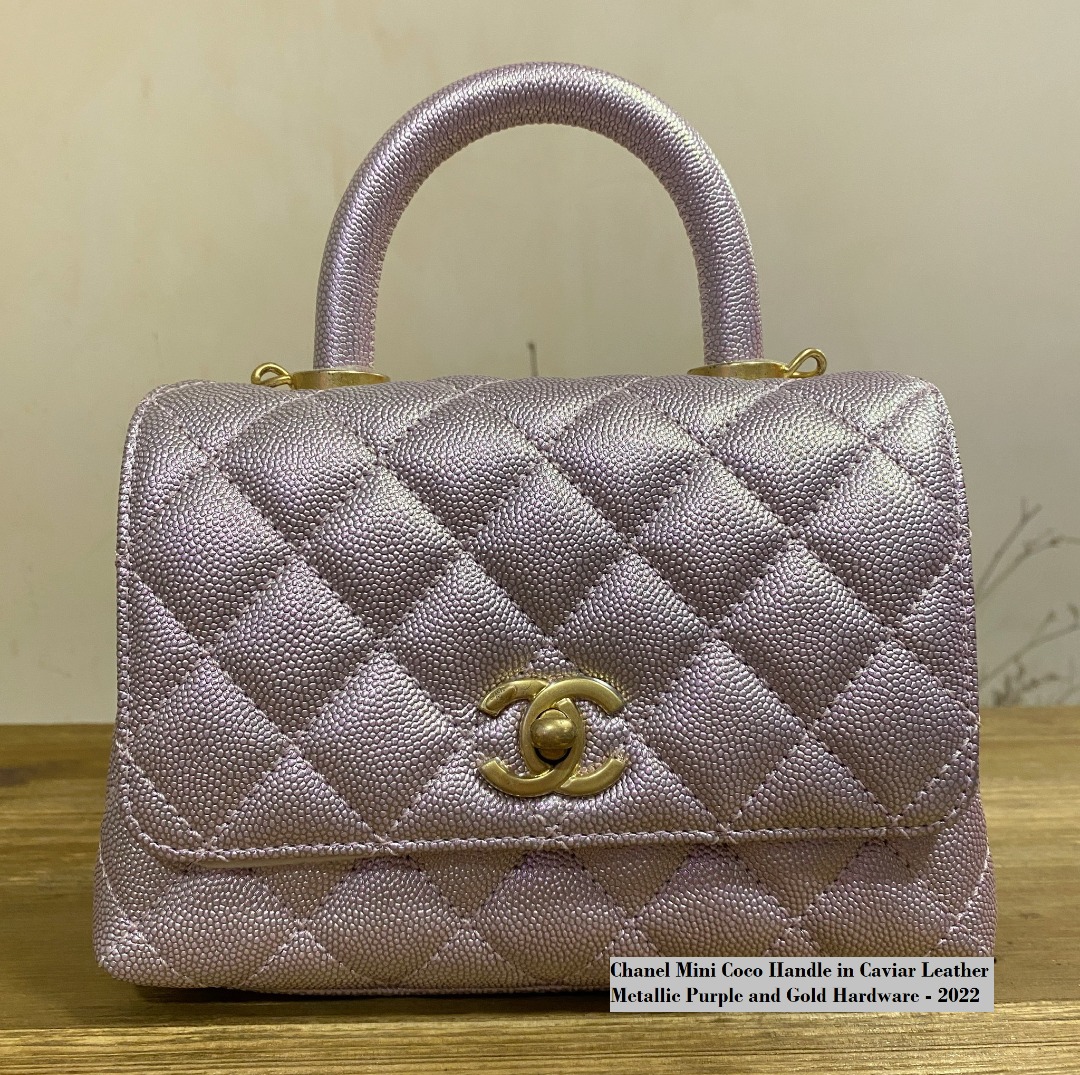 Chanel Mini Coco Handle in Caviar Leather Metallic Purple and Gold ...