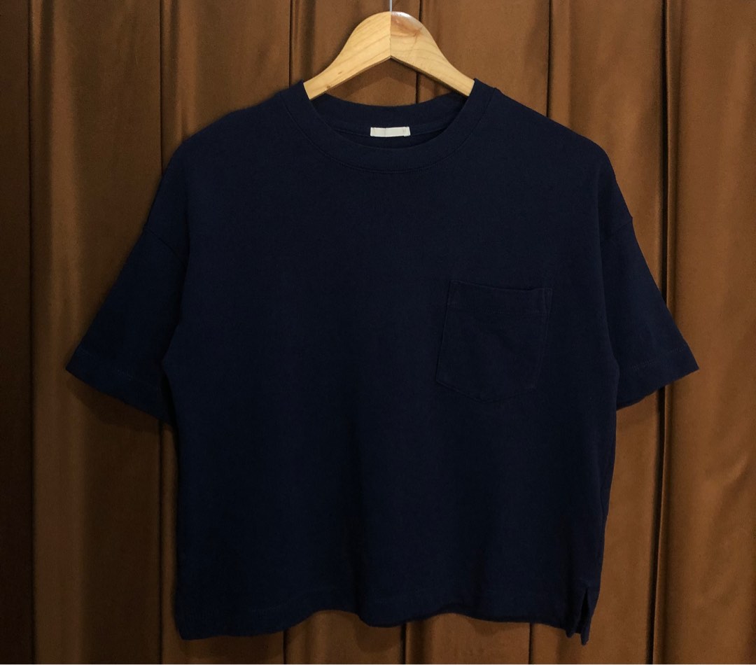 GU Boxy Fit Pocket Tee (Navy Blue) (Womens), Women's Fashion, Tops ...