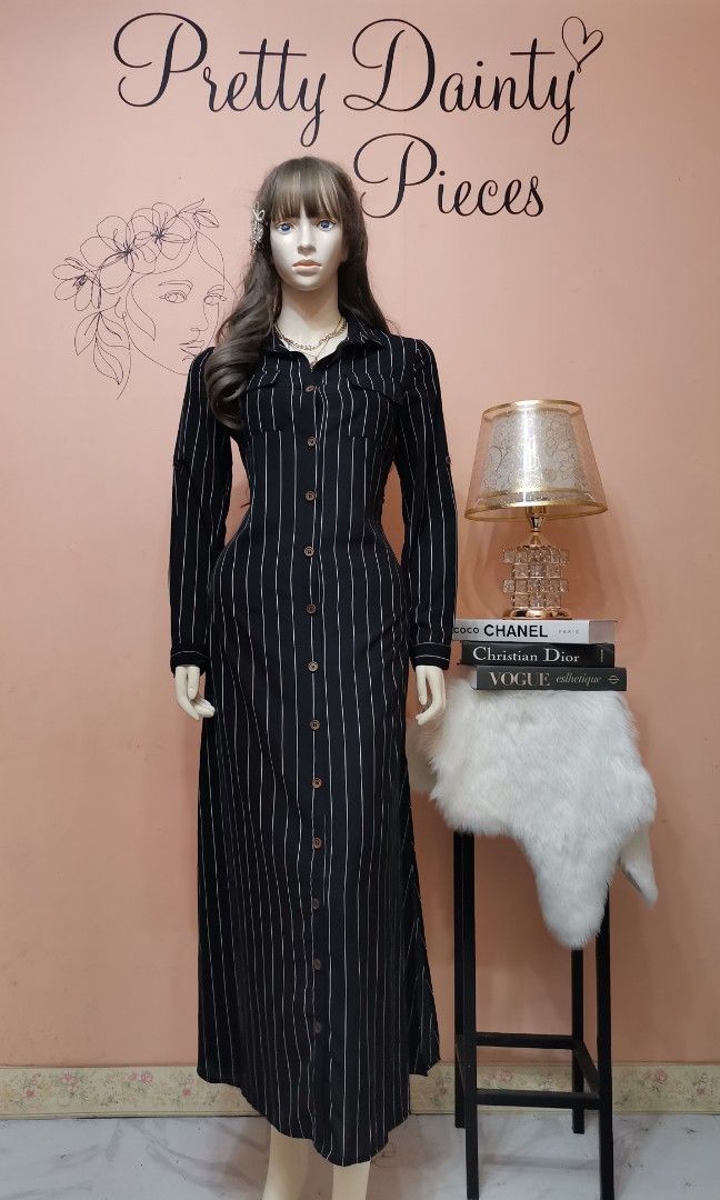 HQ Black Vertical Lines Longsleeves Maxi Dress, Women's Fashion ...