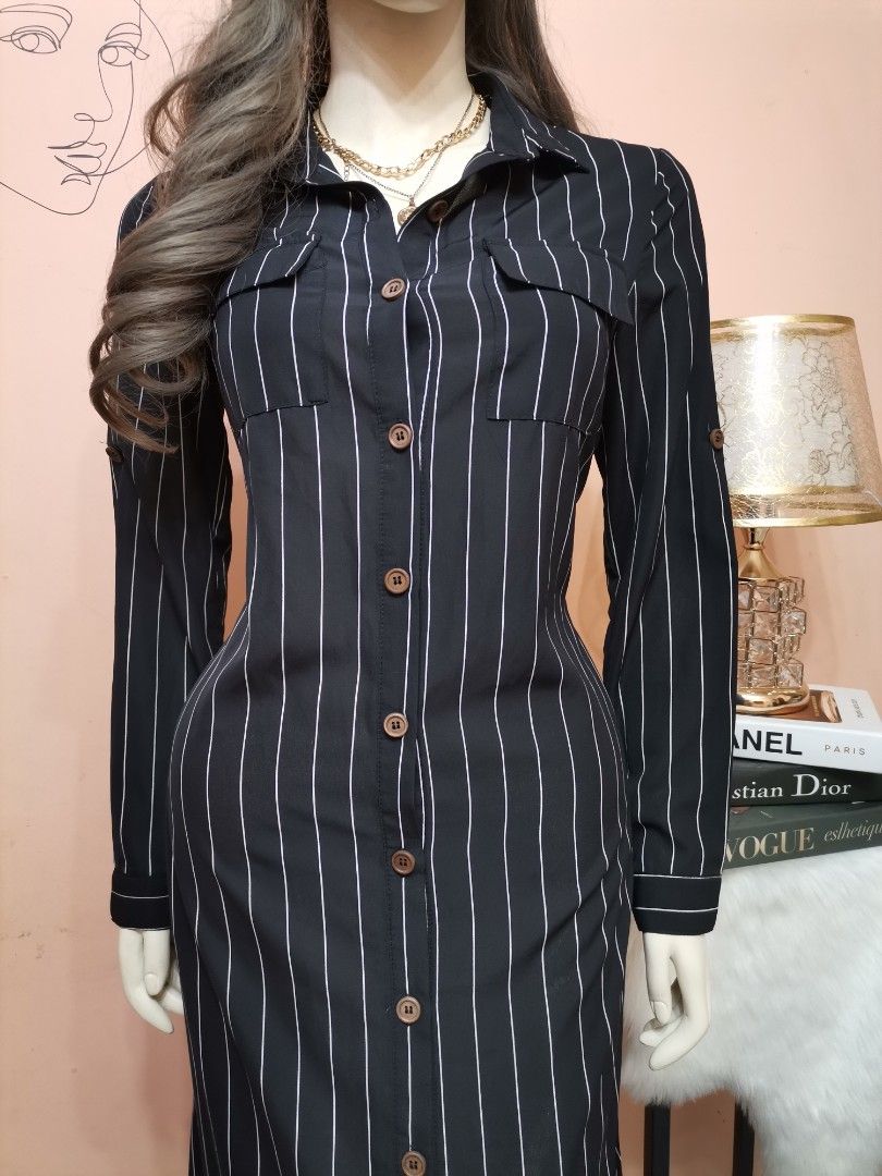 HQ Black Vertical Lines Longsleeves Maxi Dress, Women's Fashion ...