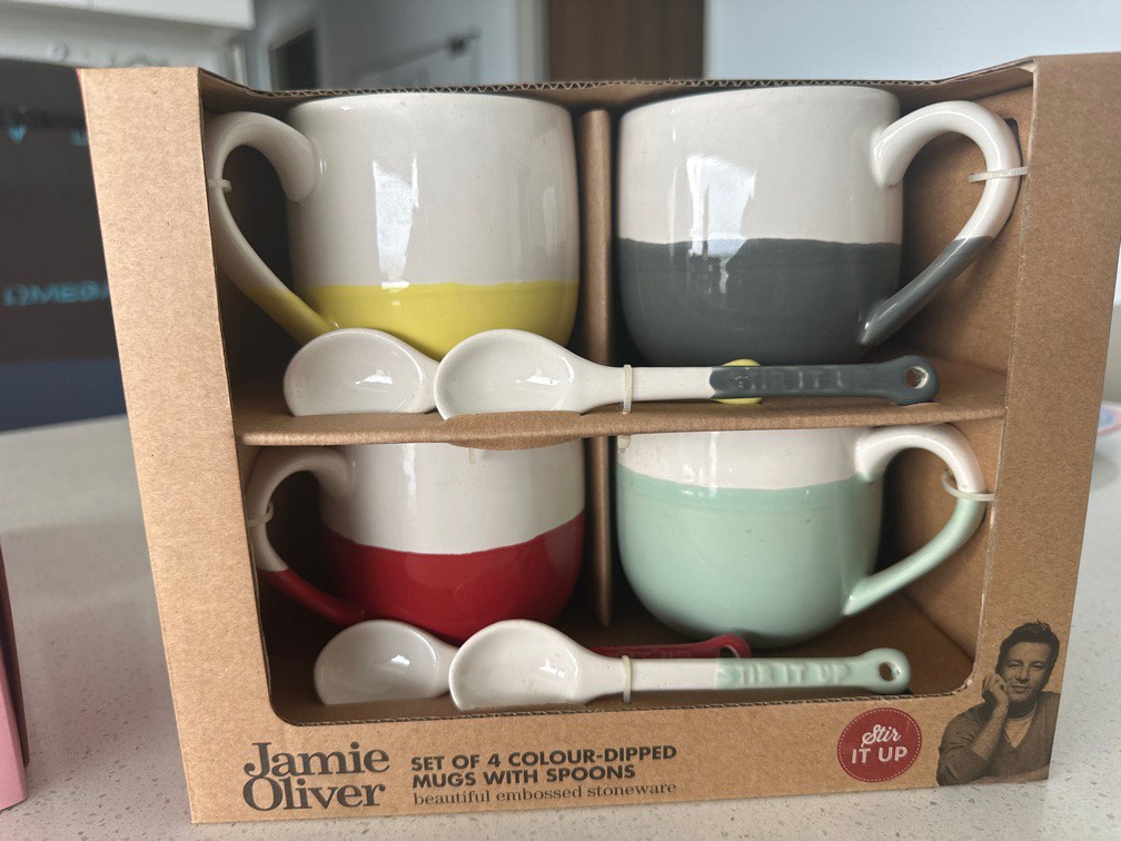 Jamie Oliver - 4 colour-dipped mugs with spoon, Furniture & Home Living ...