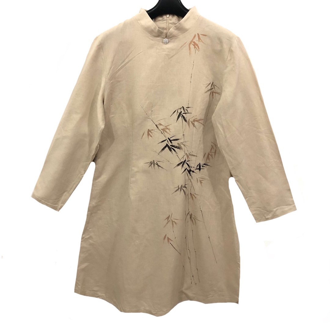 Japanese 100% Linen Oriental Bamboo Paint Classy Japanese Midi Dress ...