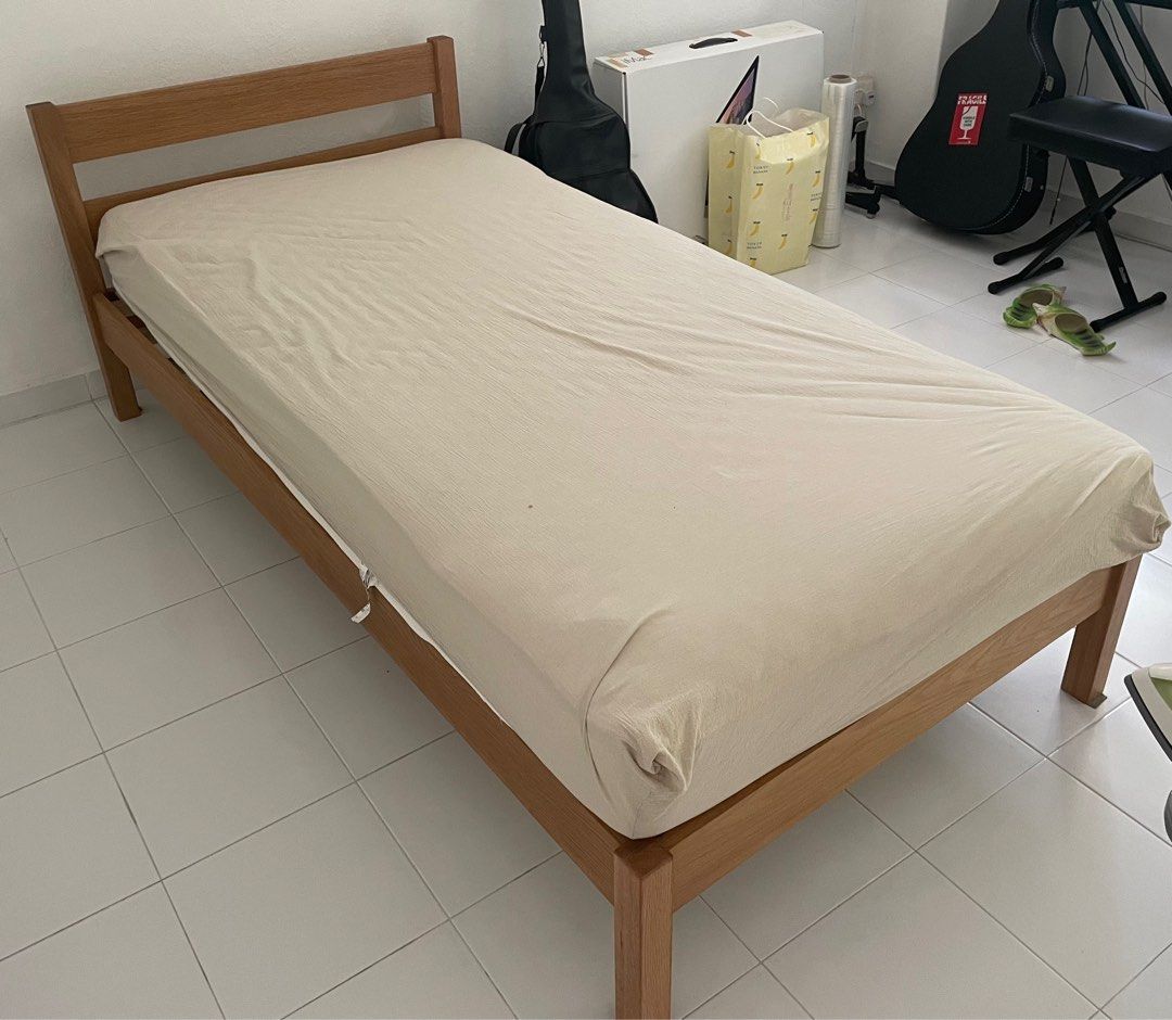 Muji wooden bed frame in oak veneer, Furniture & Home Living, Furniture ...